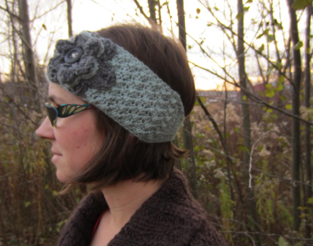 Winter Headwrap / Ear Warmer Blue And Gray With Button Closure on Luulla